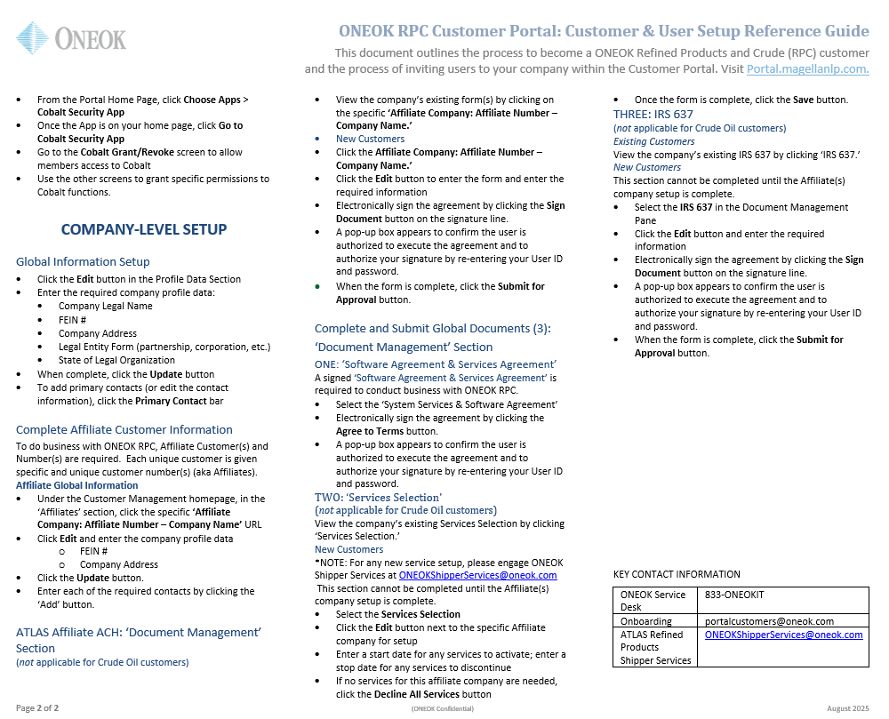 ONEOK RPC Customer Portal: Customer & User Setup Reference Guide